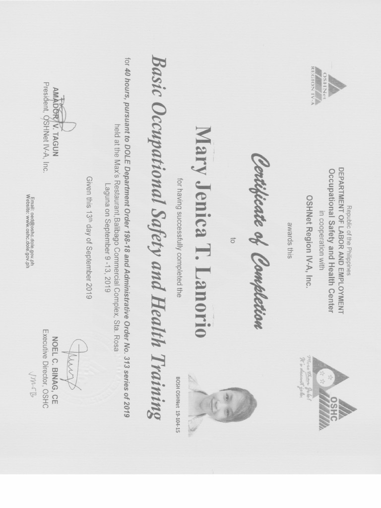 BOSH Training Certificate - Lanorio | PDF