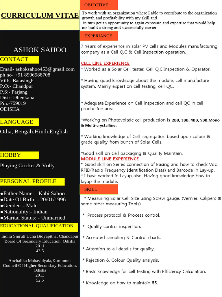 Solar Cell Quality Specialist CV | PDF