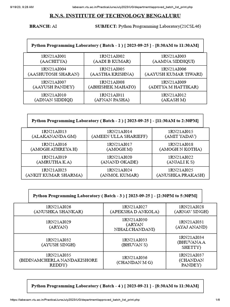 21CSL46 Approved Batch List | PDF