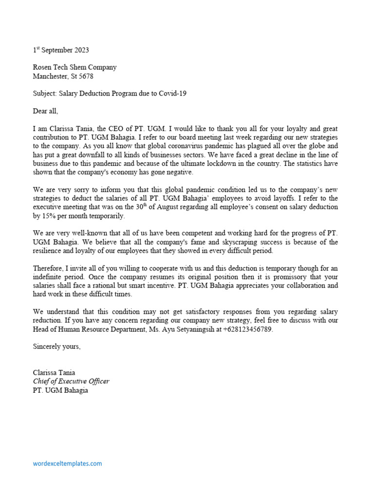 Salary Deduction Letter Due To COVID | PDF