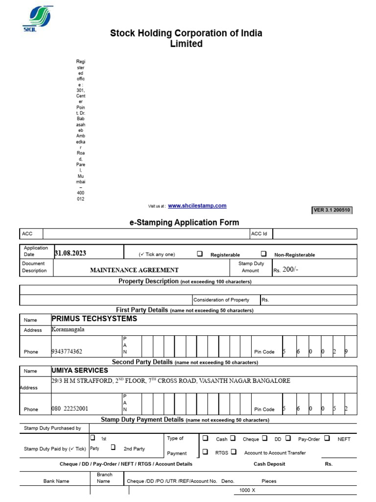 E Stamping Application Form | PDF | Cheque | Banks