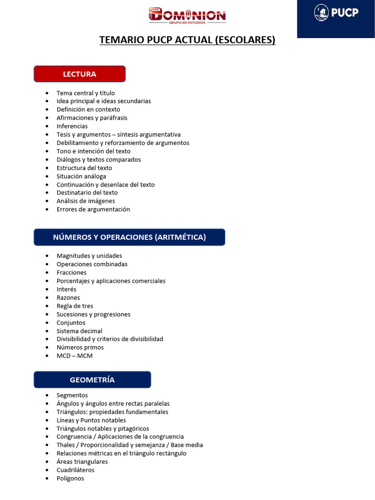 Temario PUCP - Escolares | PDF