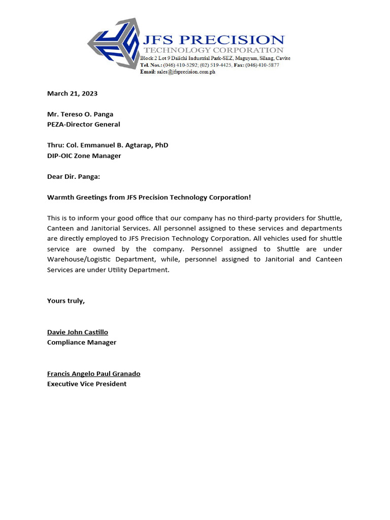 Letter To Peza-Dip No 3RD Party Service Providers | PDF