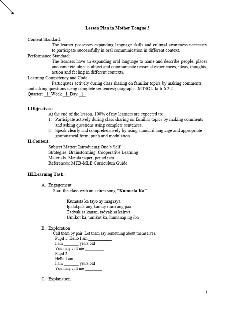 MTB 3 DLP 1ST Quarter 1 | PDF | Lesson Plan | Learning