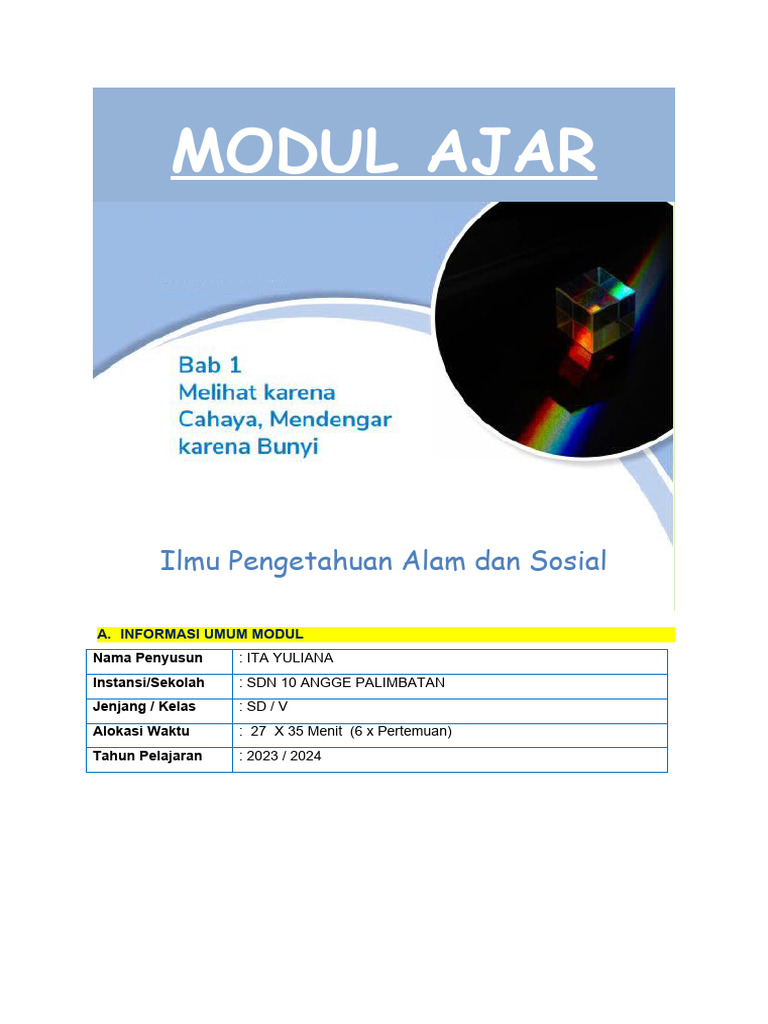 Modul Ajar IPAS Kelas V: Bunyi dan Cahaya | PDF
