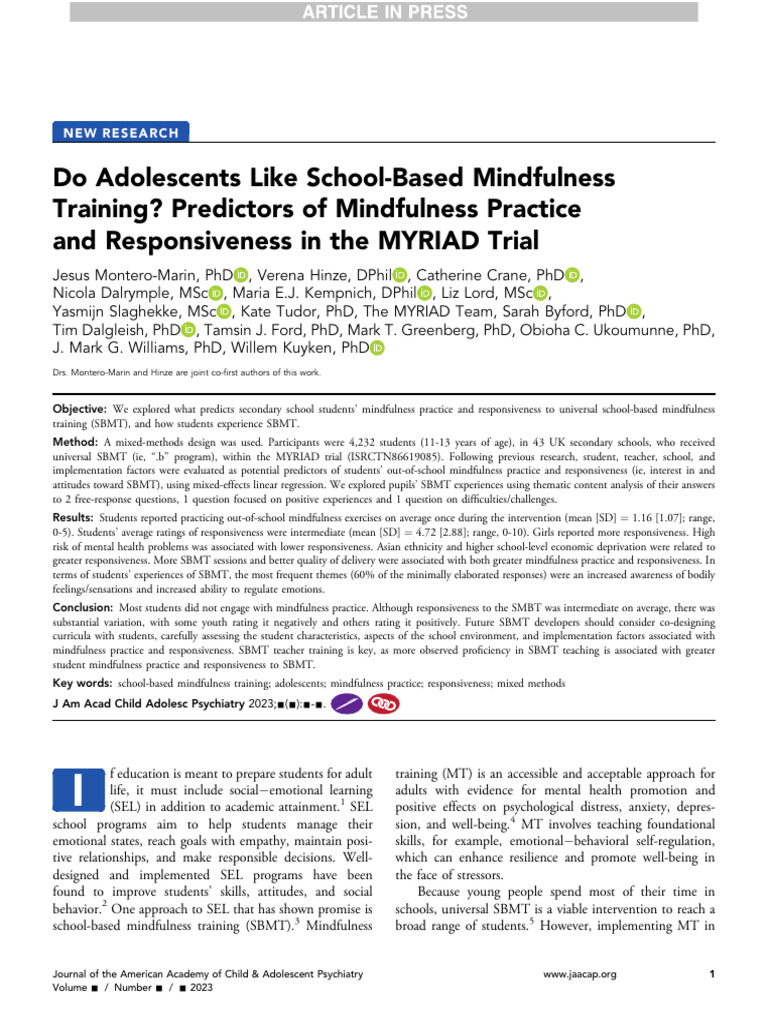 Adolescents' Response to School-Based Mindfulness | PDF | Mindfulness ...