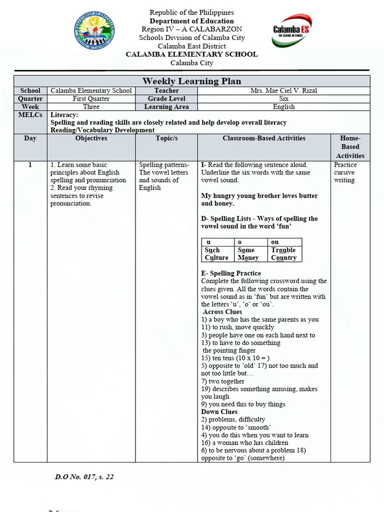 English Weekly Plan Week 3 | PDF | Crossword | English Language