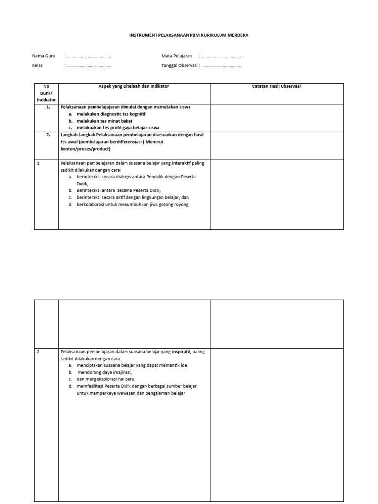 Instrument Supervisi Pelaksanaan PBM Kurikulum Merdeka | PDF