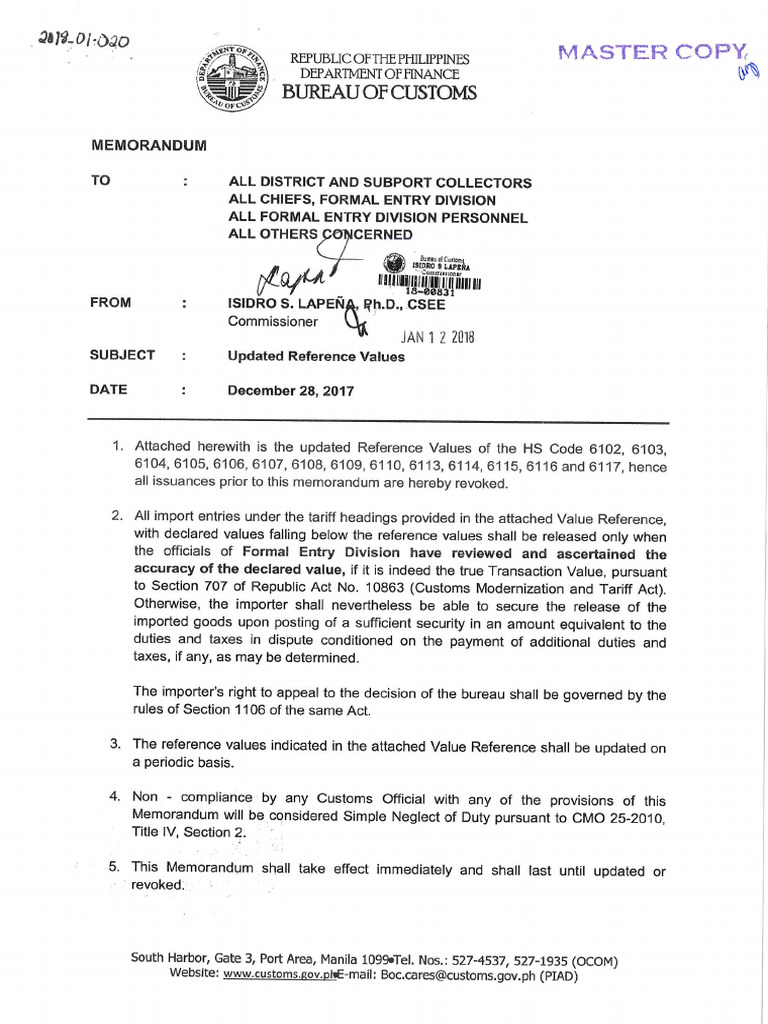 Mem-2018-01-020 Updated Reference Values | PDF