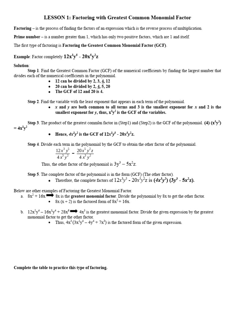 Lesson 1 Factoring With Greatest Common Monomial Factors Pdf