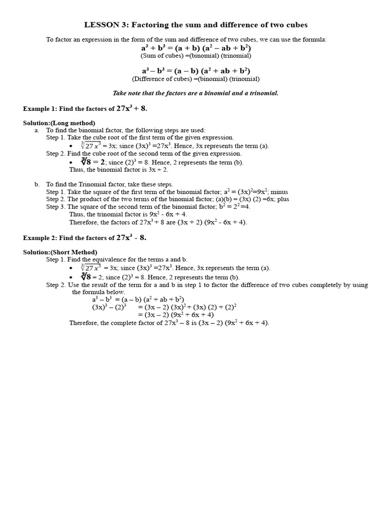 LESSON 3. Factoring the sum and difference of two cubes | PDF