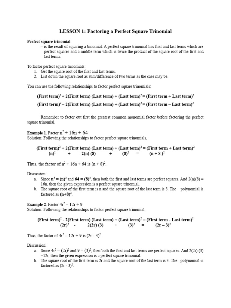 LESSON 1. Factoring A Perfect Square Trinomial | PDF | Factorization ...