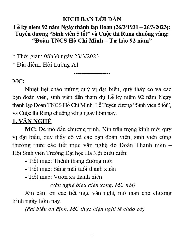 Kich Ban Ky Niem 92 Nam TL Doan Và Thi RCV 1 | PDF