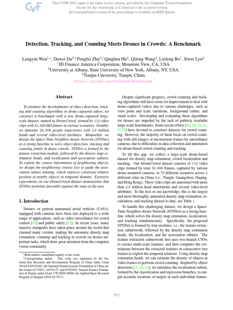 Wen Detection Tracking and Counting Meets Drones in Crowds A Benchmark CVPR 2021 Paper | PDF