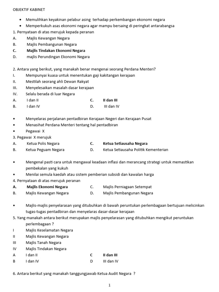 Latihan Objektif Kabinet Dan Skema Jawapan | PDF
