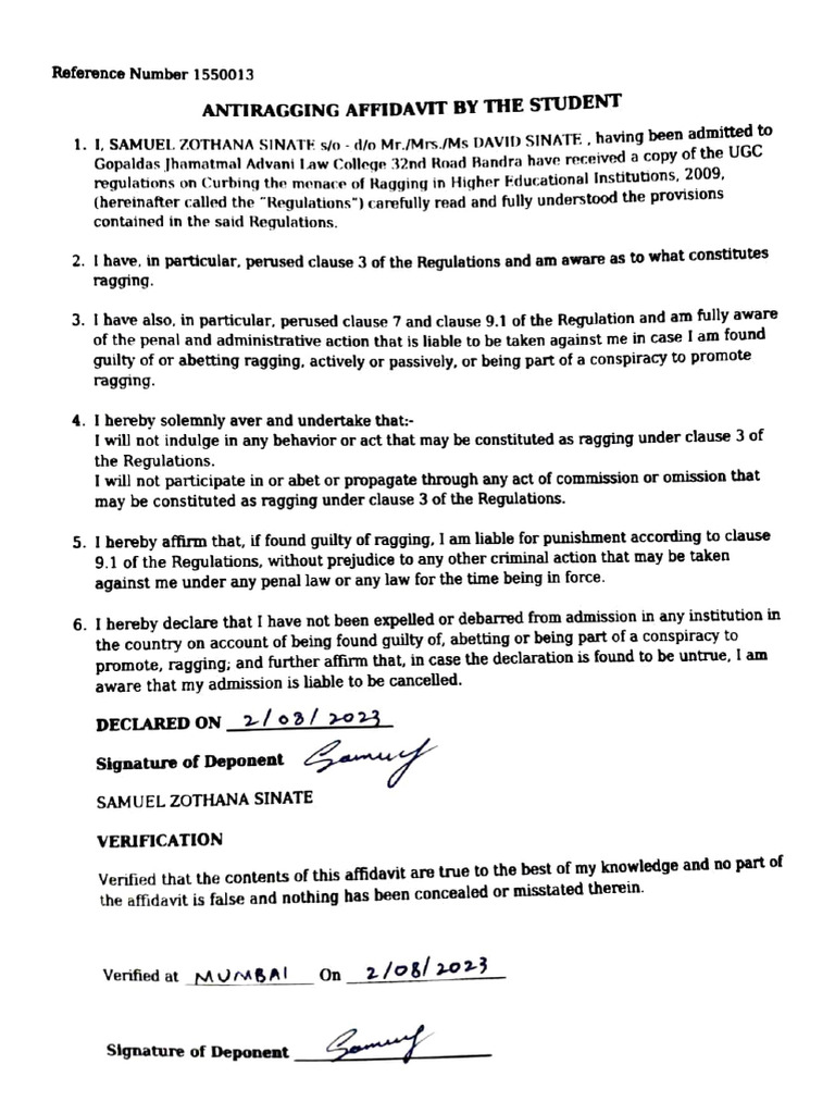 Anti Ragging A | PDF | Affidavit | Legal Documents