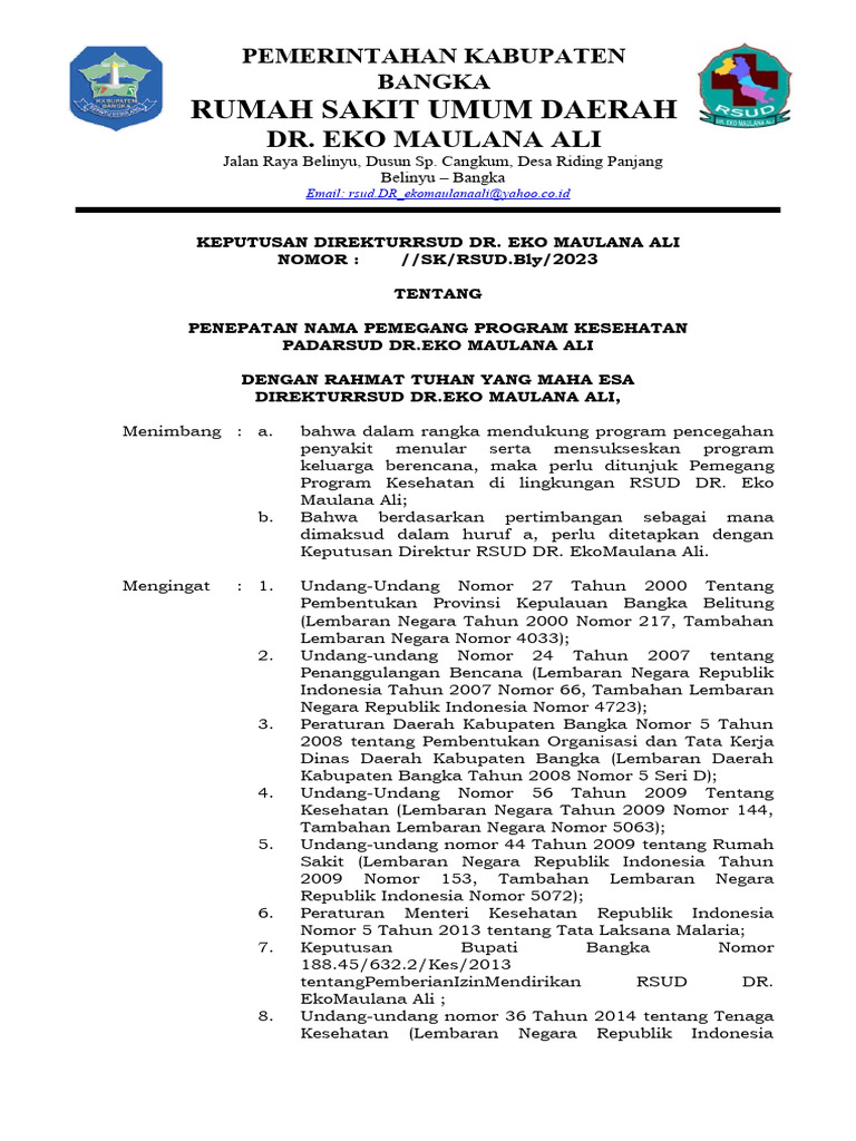 Penetapan Pemegang Program Kesehatan RSUD | PDF | Pengembangan Diri | Kesehatan Holistik