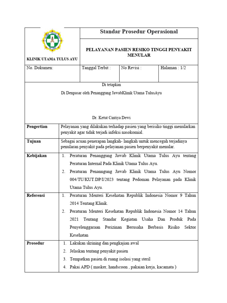 SOP Pelayanan Pasien Resiko Tinggi Penyakit Menular | PDF