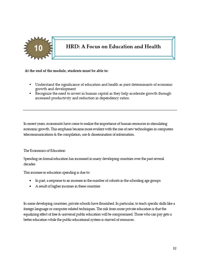 10 HRD A Focus On Education and Health | PDF | Economic Growth | Poverty