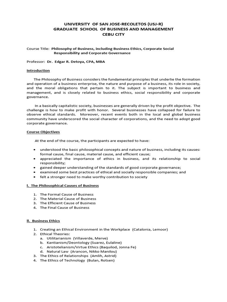 Course Outline For Philosophy of Business Aug Nov 2023 1 | PDF ...
