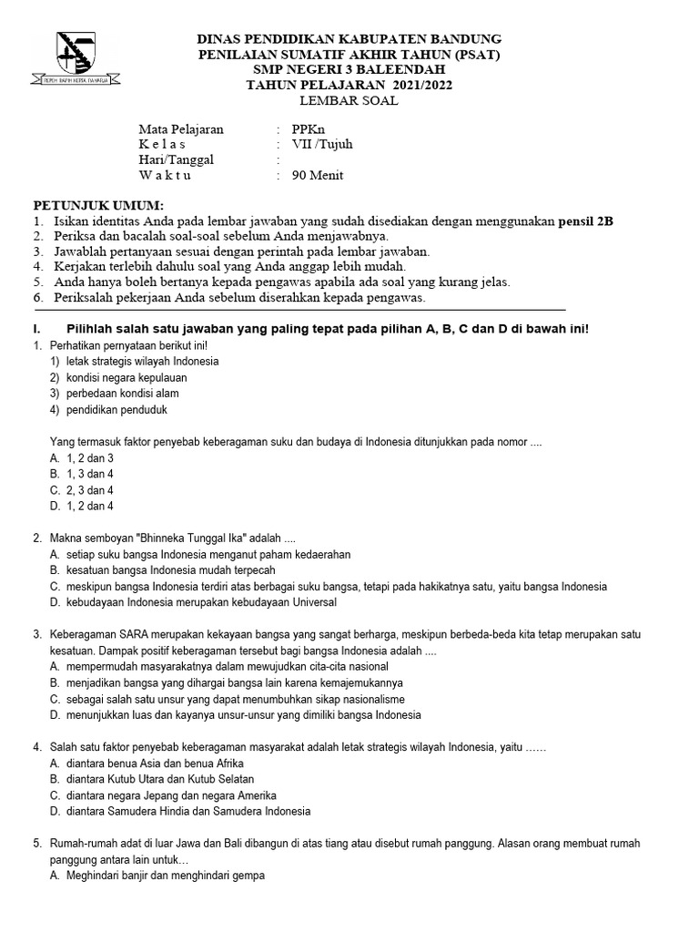 Soal PSAT PPKN Kelas VII | PDF