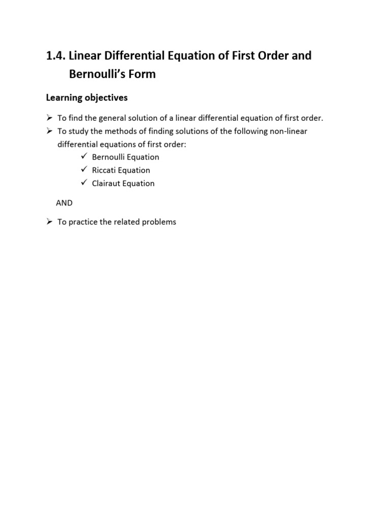 1 4 Linear First Order Differential Equations And Bernoullis Form Pdf Ordinary