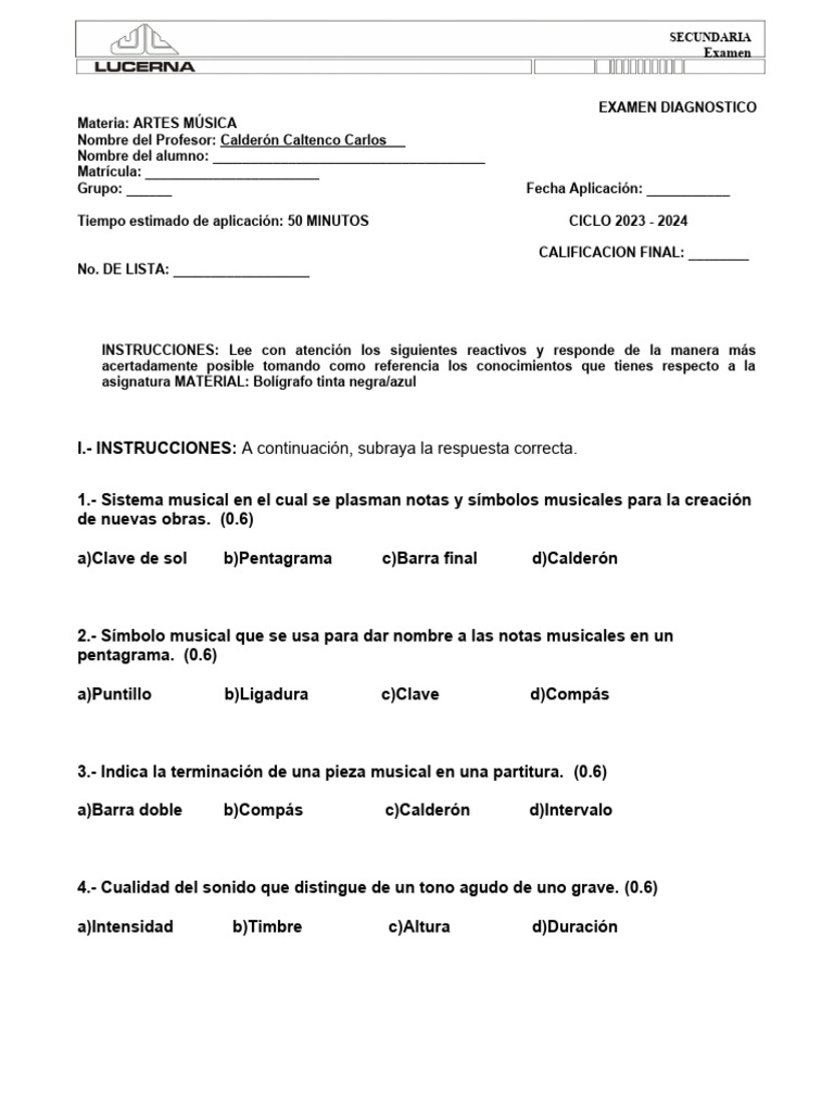 Examen Diagnóstico de Música Secundaria | PDF | Clave | Teoría musical