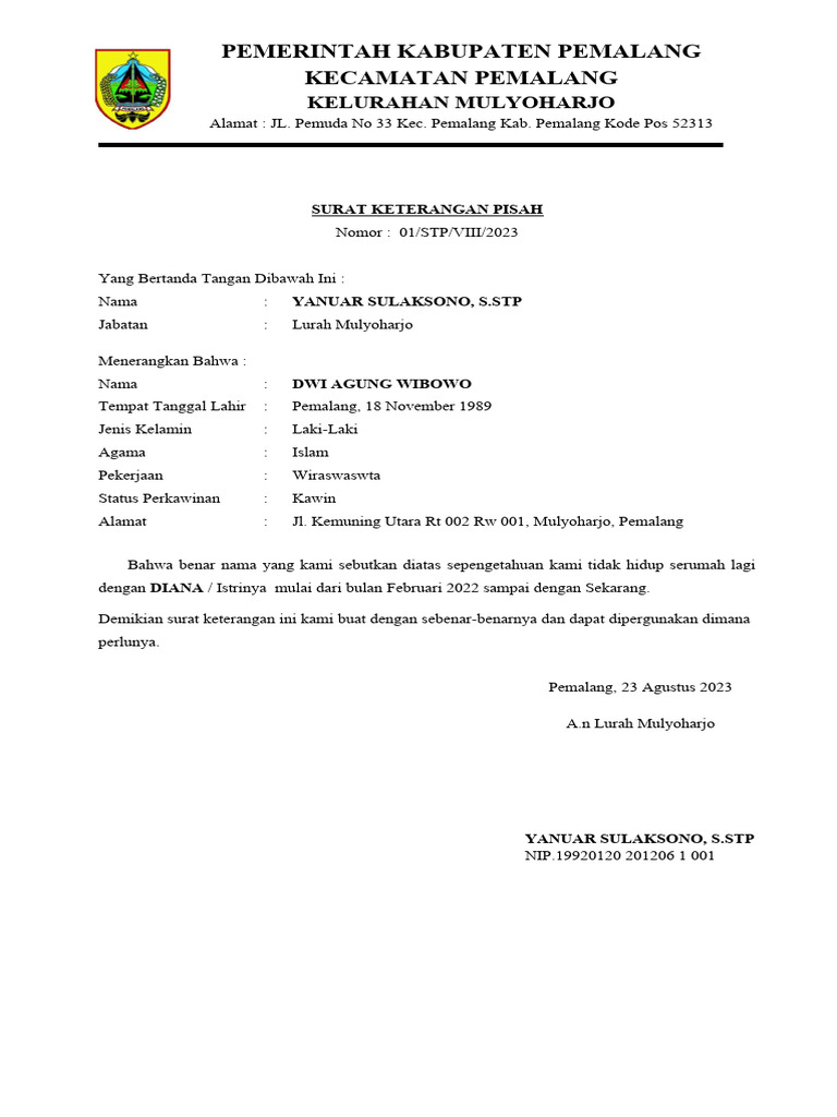Surat Keterangan Pisah Ranjang | PDF Surat Keterangan Pisah Ranjang | PDF