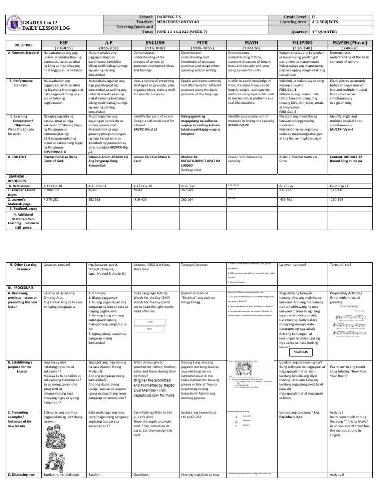 DLL - All Subjects 2 - Q4 - W7 - D1 | PDF DLL - All Subjects 2 - Q4 - W7 - D1 | PDF