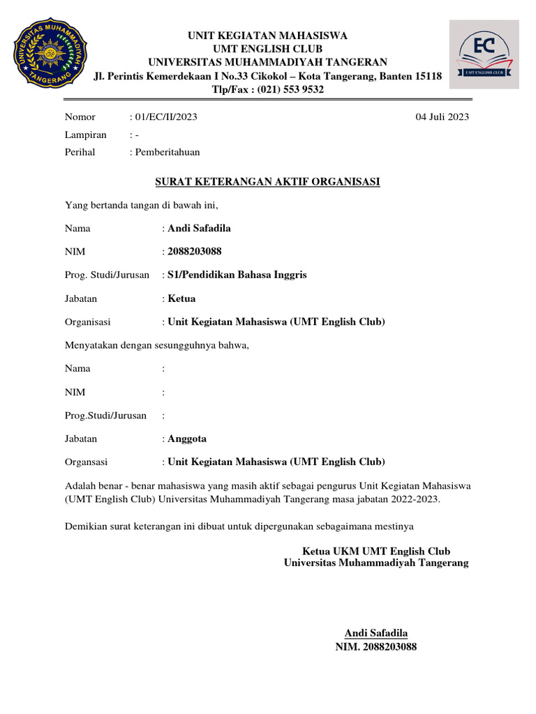 Surat Keterangan Aktif UKM | PDF