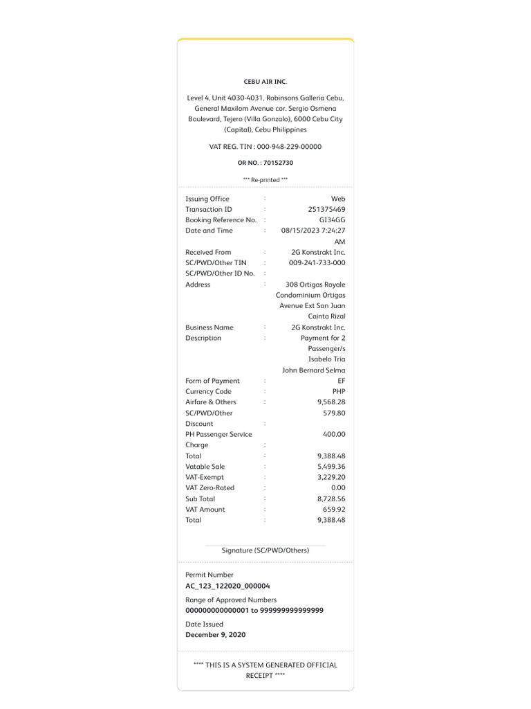 GI3466 Official Receipt - Cebu Pacific Aug.15 2 Passengers MNL-CGY | PDF