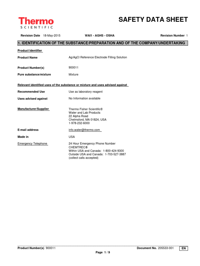 Orion Ag-AgCl Reference Electrode Filling Solution 900011 | PDF