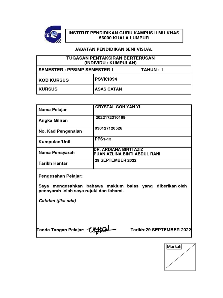 Penulisan Catan - Crystal Goh Yan Yi PPS1-13 | PDF