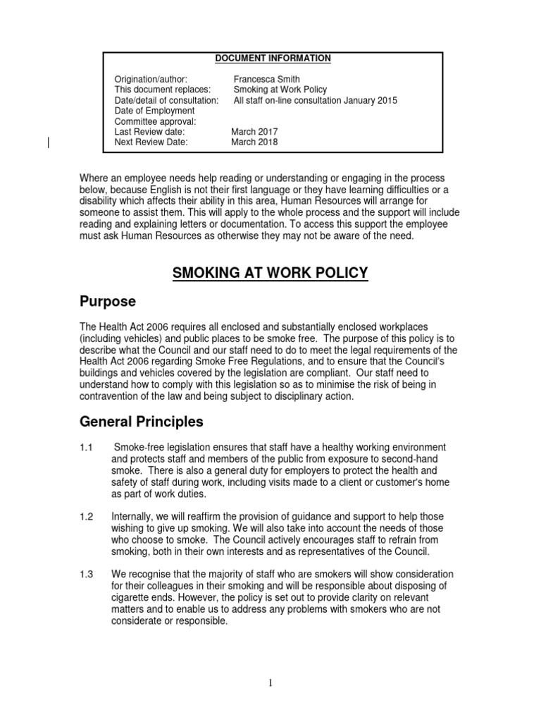 Smoking at Work Policy | PDF | Electronic Cigarette | Tobacco Smoking