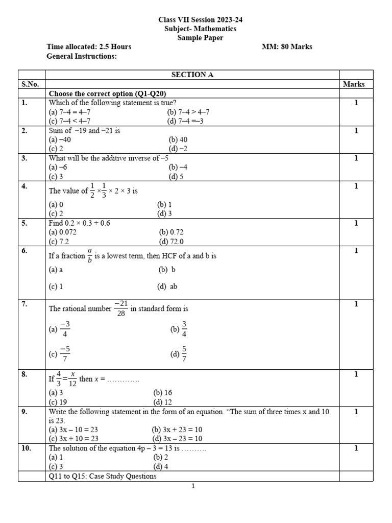 Class 7 Maths Sample Paper 2023-24 | PDF | Science | Mathematics