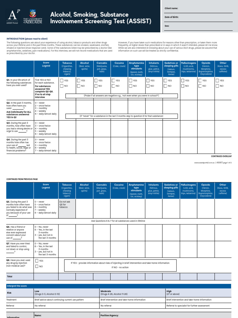 Ua Assist Questionnaire 4pdf | PDF | Recreational Drug Use | Medicine