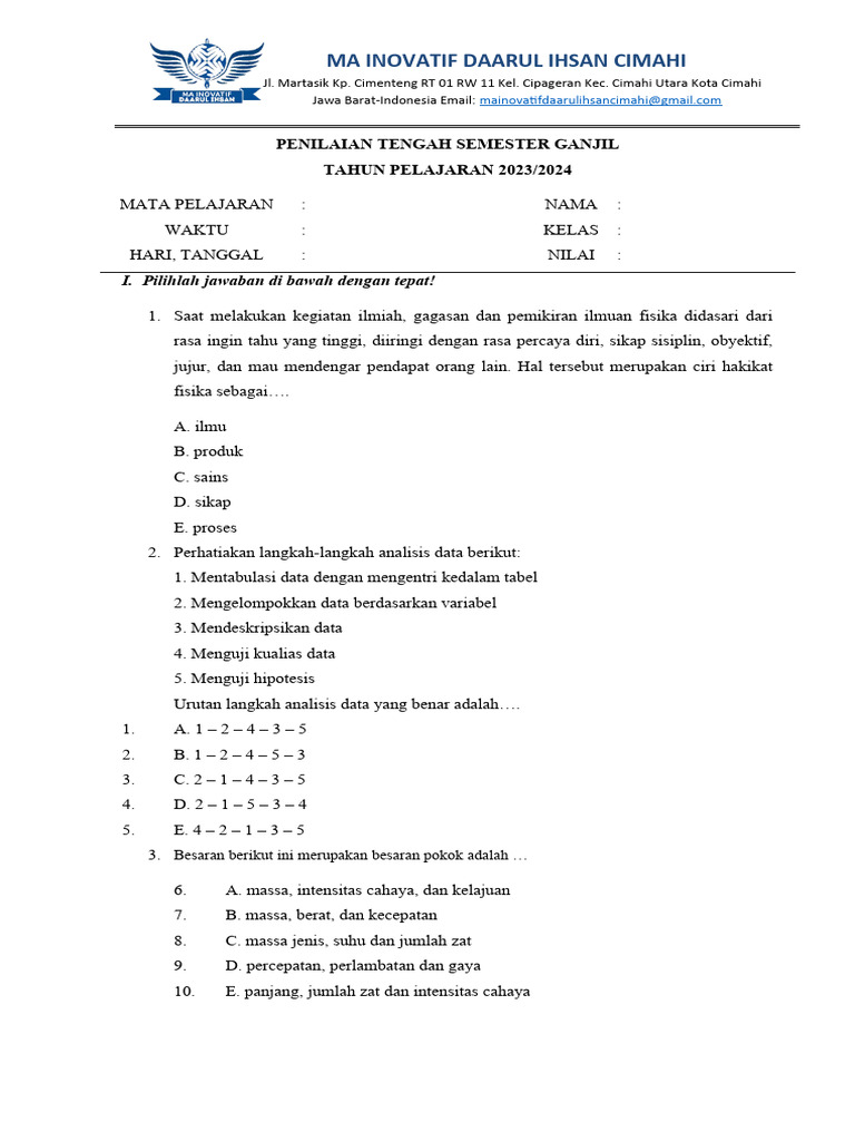 Penilaian Tengah Semester Ganjil X | PDF
