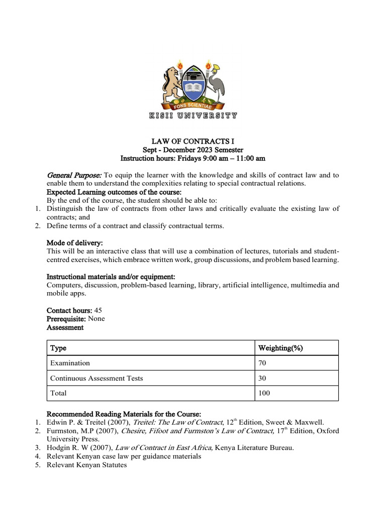 Kisii University - Contracts I - Course Outline - Sept - Dec 2023 | PDF