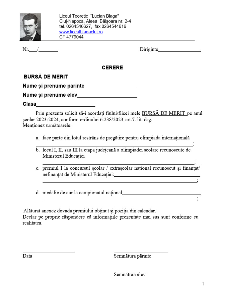 Cerere Bursa Merit 2023-2024 | PDF
