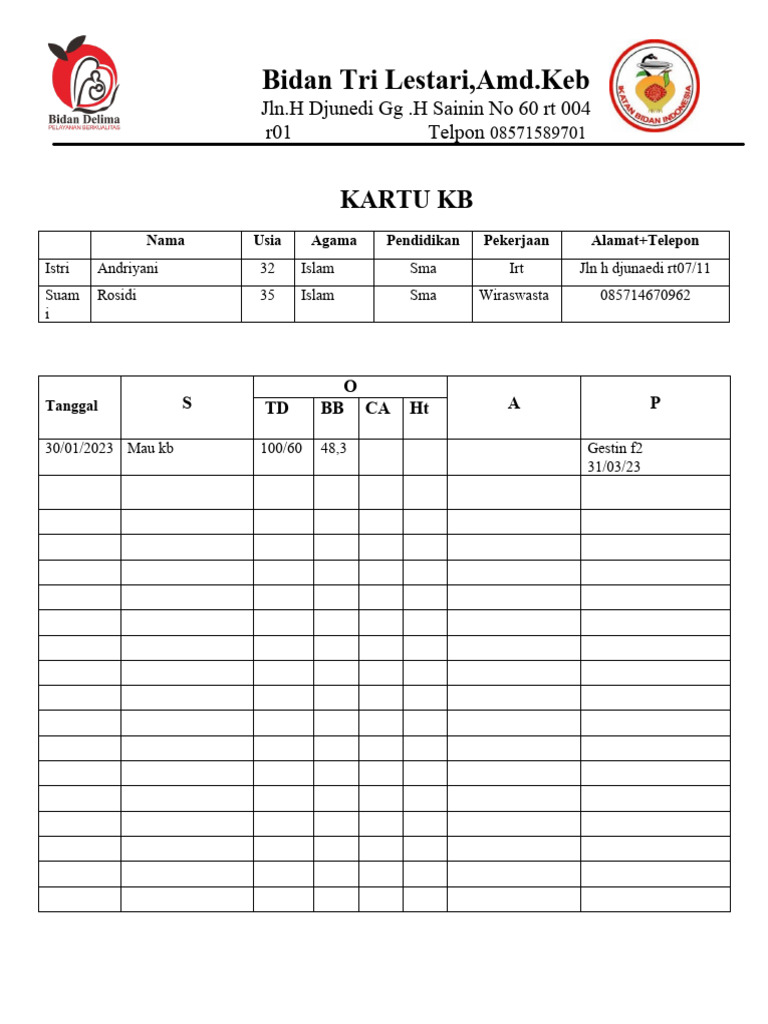Bidan Tri Lestari, Amd - Keb: Kartu KB | PDF