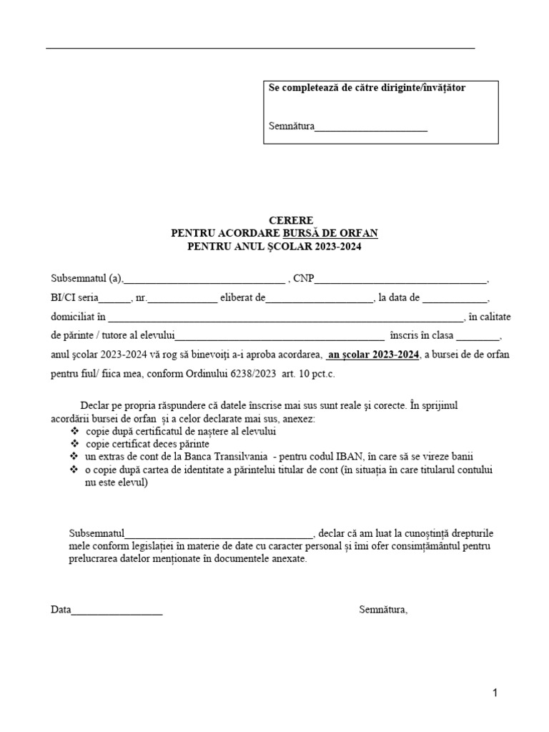 CERERE BURSA Orfan 2023-2024 | PDF