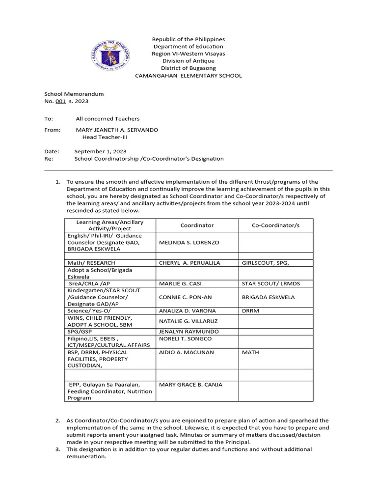 School Coordinatorship Designation 2023 | PDF | Social Institutions