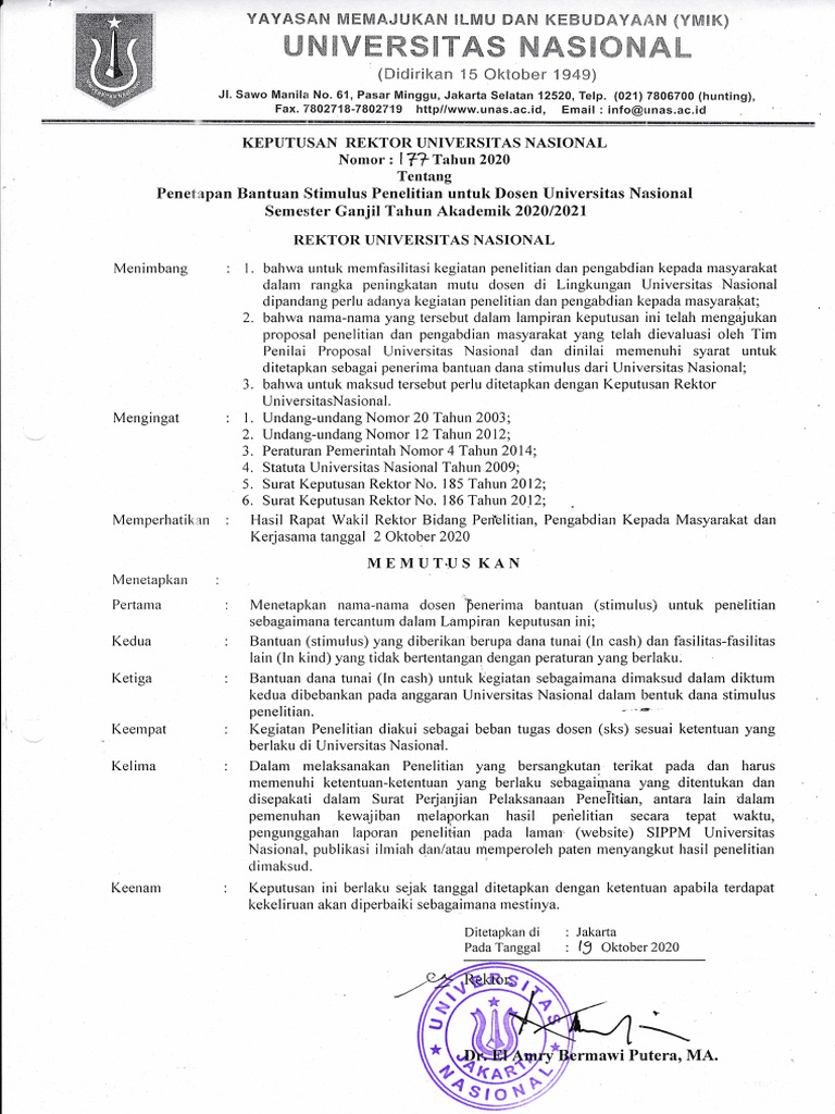 SK Rektor No 177 Tahun 2020 Penetapan Bantuan Stimulus Penelitian Untuk ...
