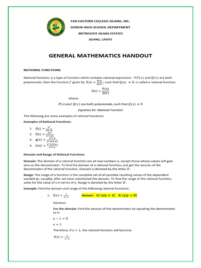 Rational Functions Pdf Asymptote Function Mathematics