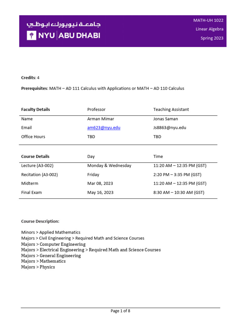 MATH-UH 1022-001 - Linear Algebra - Spring 2023 - Syllabus | PDF | Matrix (Mathematics ...