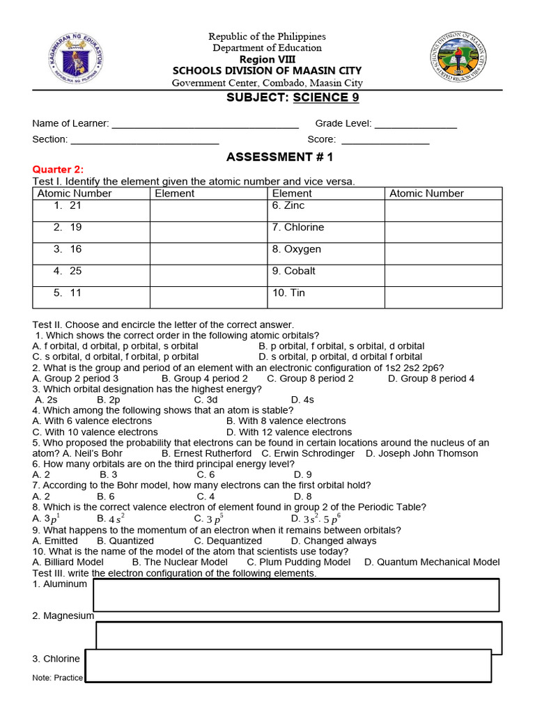 Science 9 ASSESSMENT Quarter 2 | PDF | Atomic Orbital | Electron ...