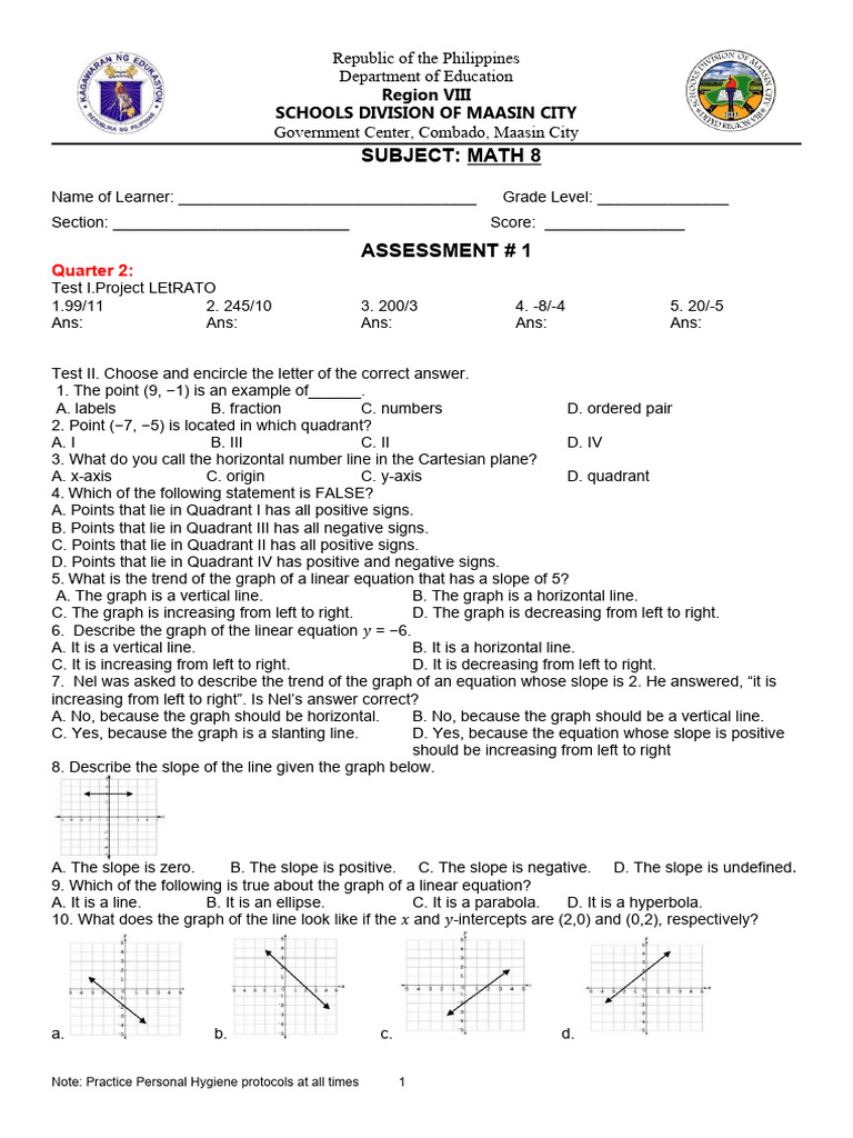Math 8 ASSESSMENT Quarter 2 | PDF | Cartesian Coordinate System | Slope