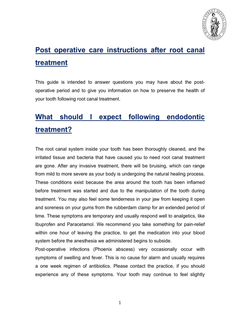 Post Op Instructions Root Canal | PDF | Causes Of Death | Health Care