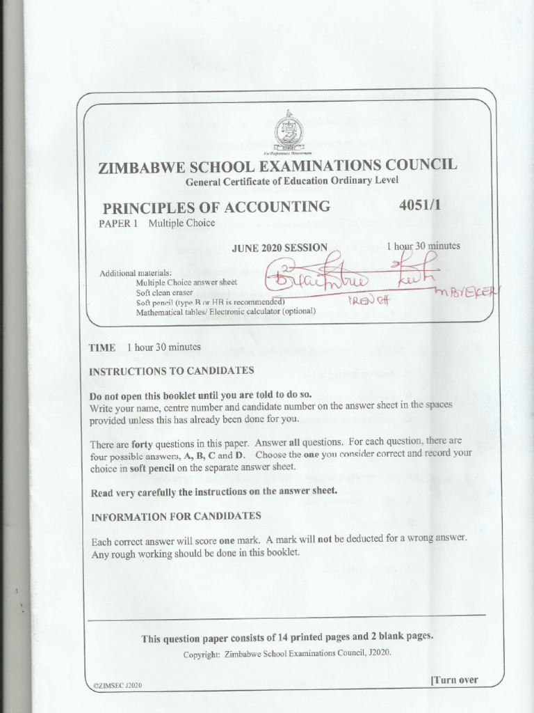 June 2020 Accounts Paper1 | PDF