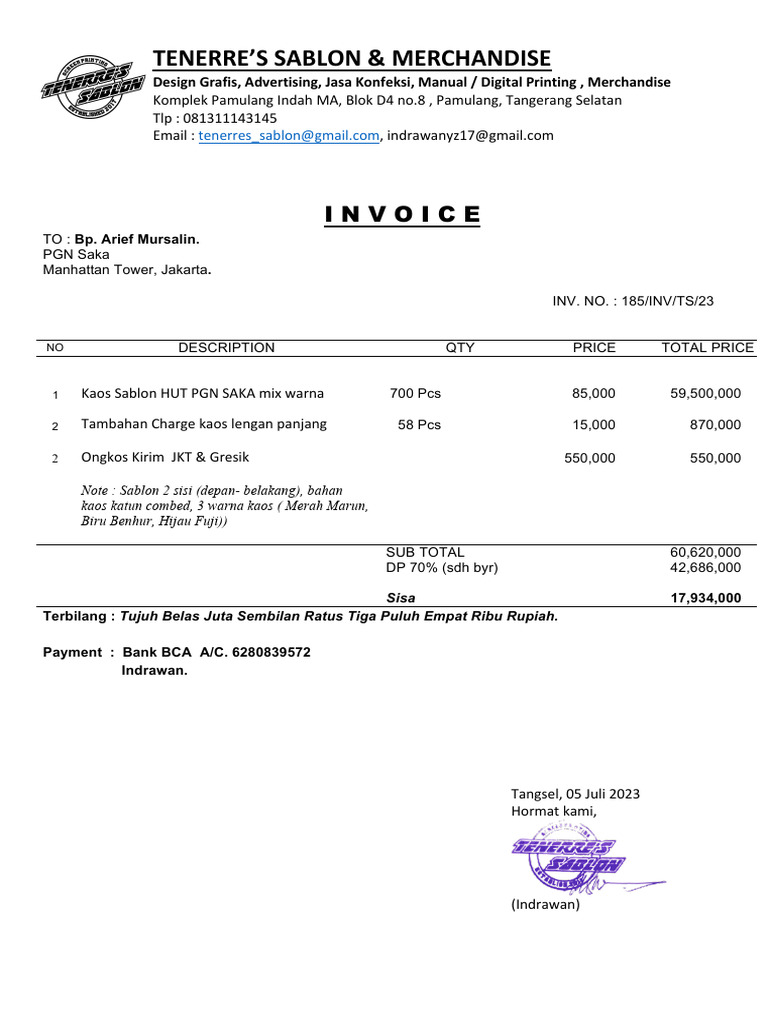 Invoice Pelunasan Kaos HUT PGN SAKA | PDF | Home & Garden